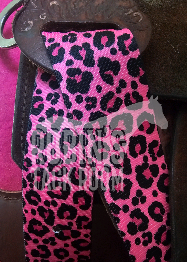 Pink leopard latigo and off billet set – Robins Tack Room
